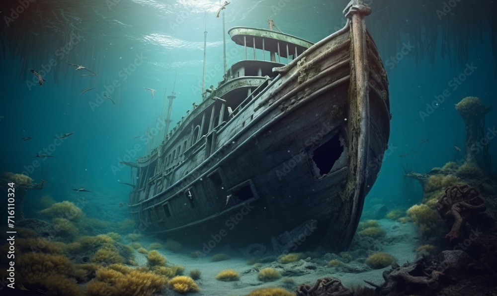 ship wreck in the sea. Pirate boat under the ocean. Decaying remains ...