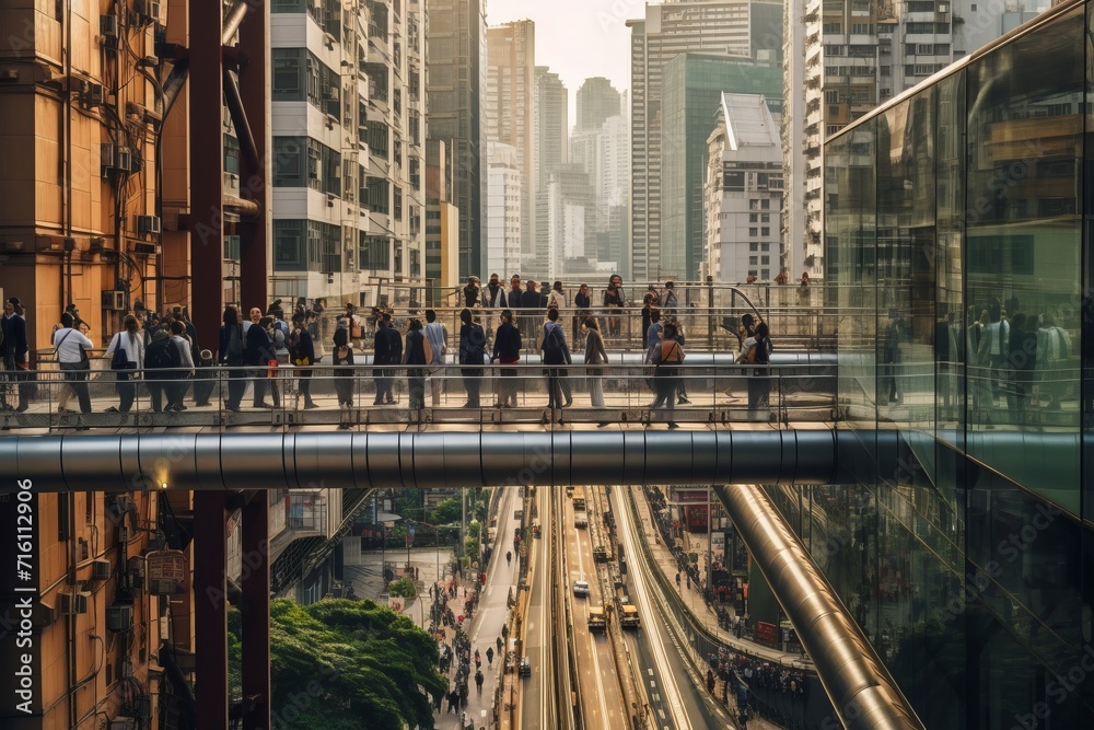 Crowded pedestrian bridge with people briskly walking to their ...