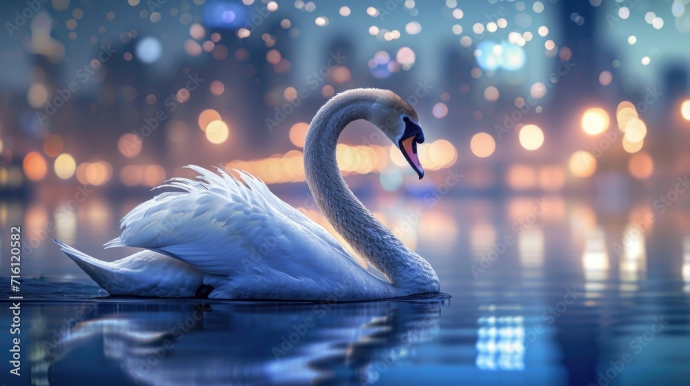 Closeup of a regal swan with its long graceful neck stretched out as it ...