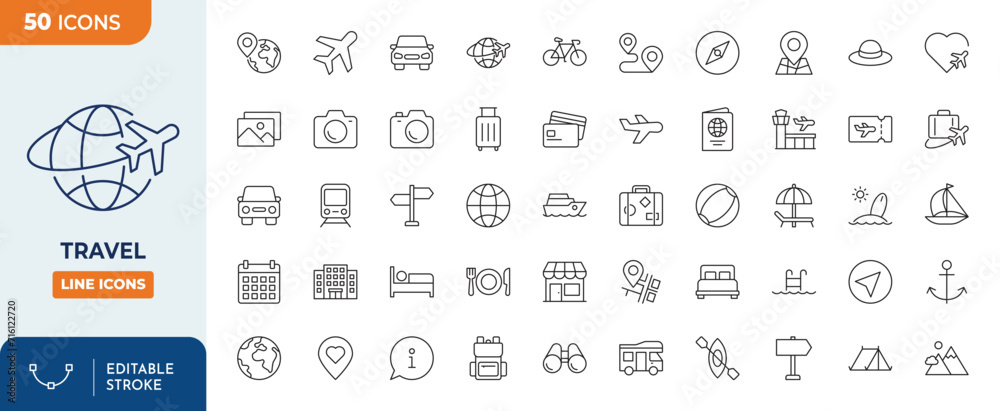 Travel Line Editable Icons set.Vector illustration in modern thin line ...
