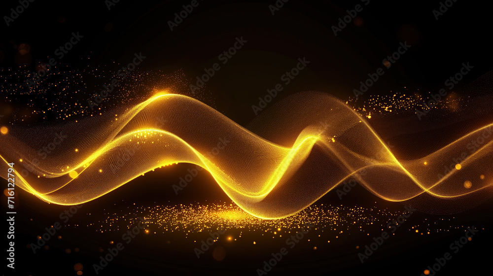 Sparkling golden energy wave moving through dark space. Glowing energy ...