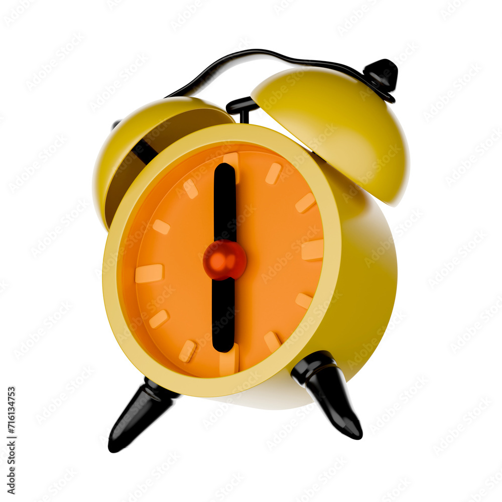 Yellow alarm clock, cartoon style, 3D rendering on white background ...