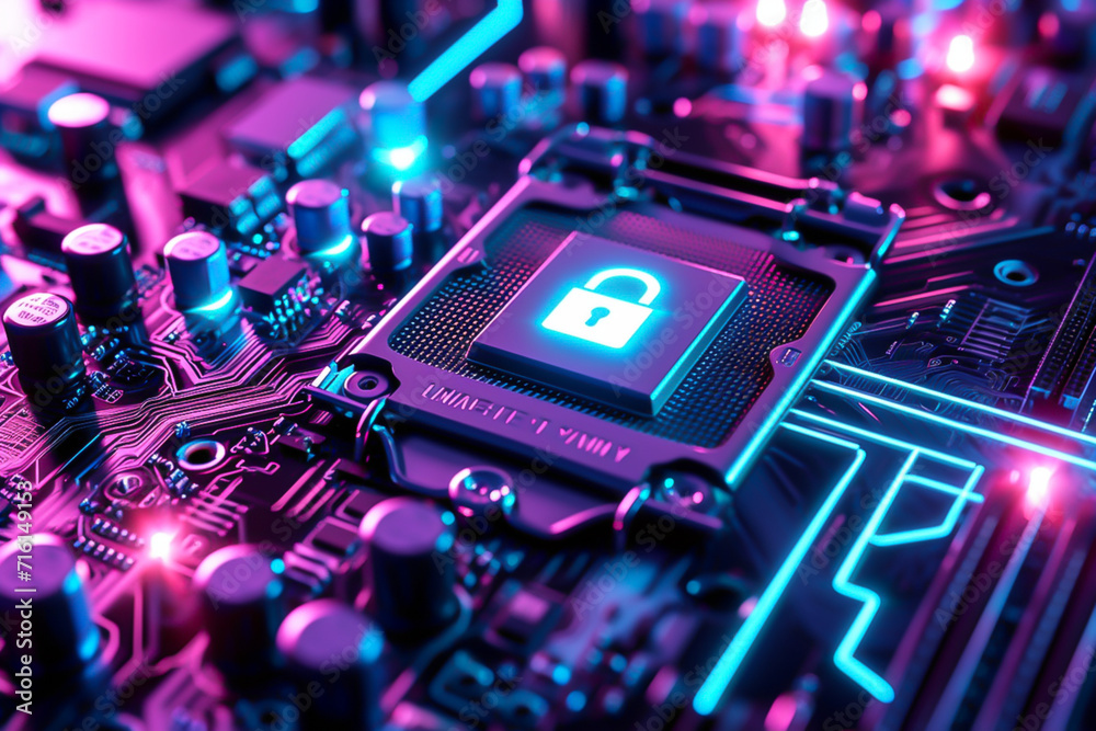 Secure Connection Or Cybersecurity Service Concept Of Compute Motherboard Closeup And Safety