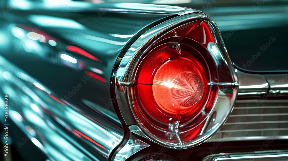 A closeup of the tail light of a clic car its chrome bezel and retro ...