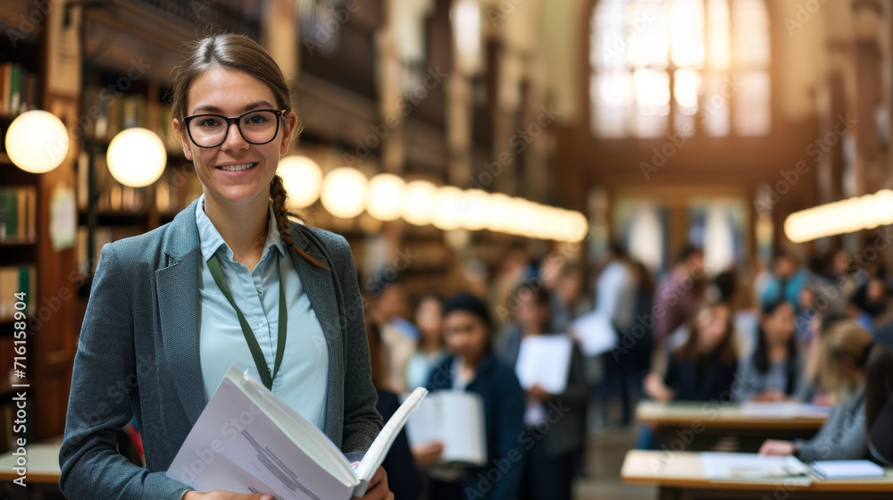 Scholarly Woman with Files in Library. Academic woman with glasses ...