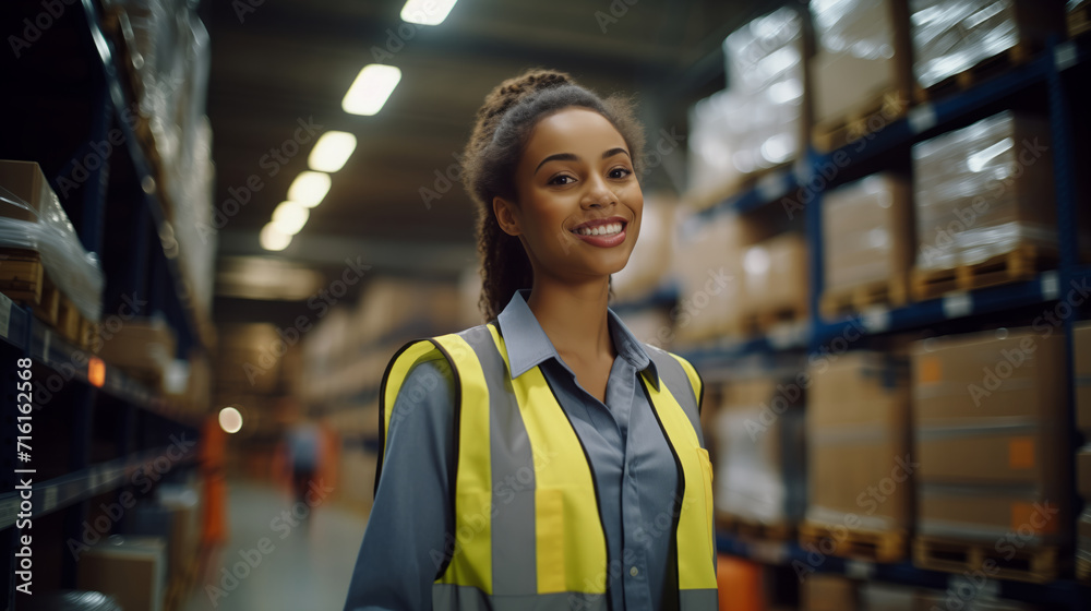 Young female worker in uniform checklist manage parcel box product in ...
