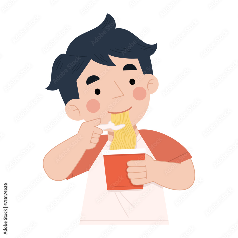 Cartoon illustration of a little boy eating instant cup noodles Stock ...
