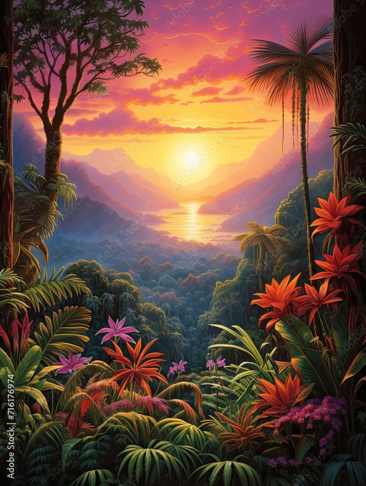 Radiant Hawaiian Sunsets: Sunset Jungle Nature Print in Rainforest ...