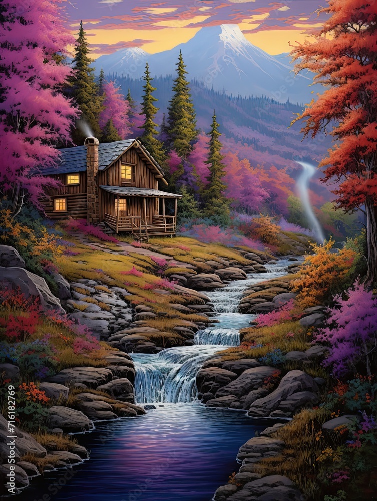 Secluded Mountain Cabins Stream and Brook Art: Water by Cabin, Flowing Stream Scene Stock ...