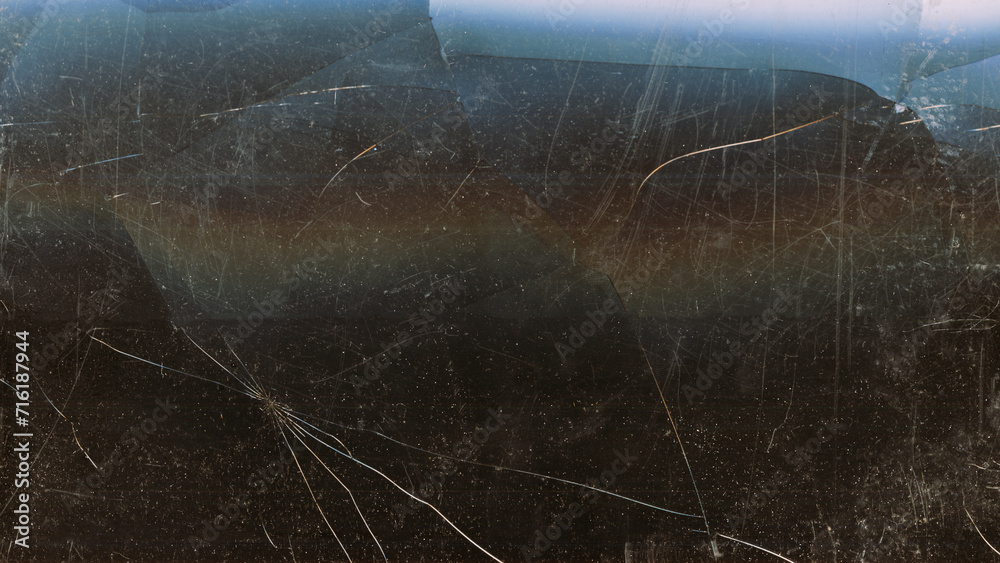 Broken screen. Worn texture. Black orange rainbow color glowing defect ...