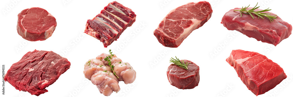 Set of raw different parts of beef such as Brisket, Ribeye, Round beef ...