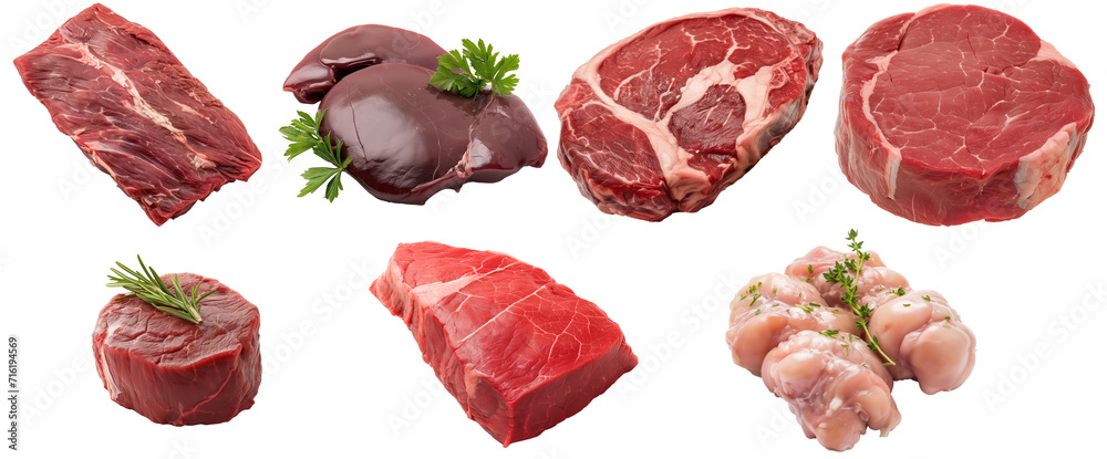 Set of raw different parts of beef such as Brisket, Ribeye, Round beef ...