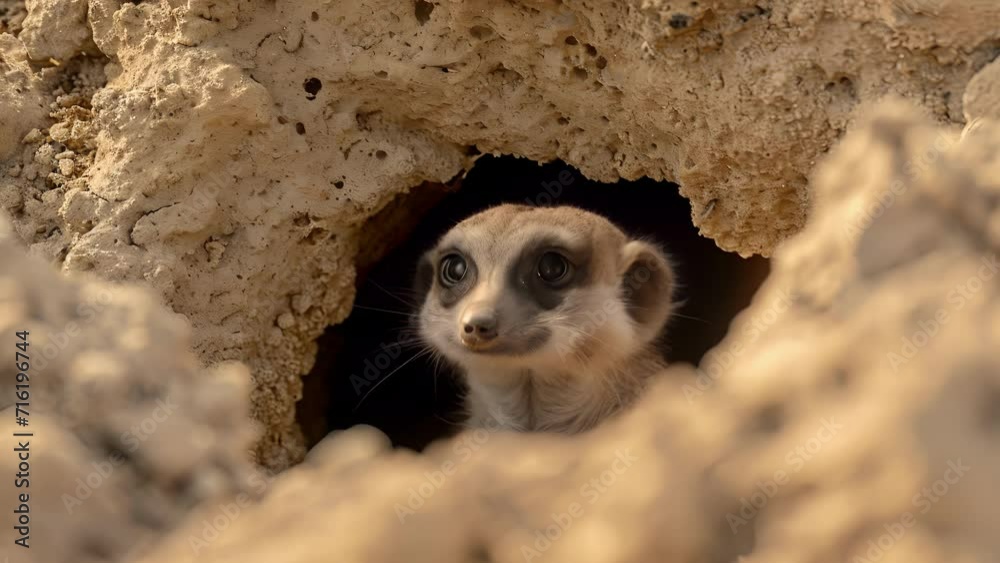 Vidéo Stock Closeup of a meerkat popping its head out of a burrow ...