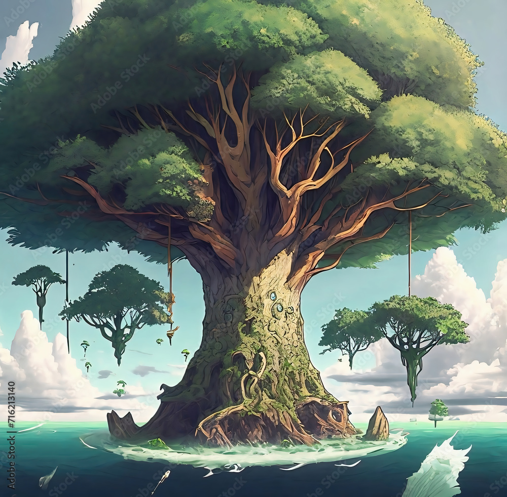 A giant tree growing out of a floating island with its roots hanging in ...