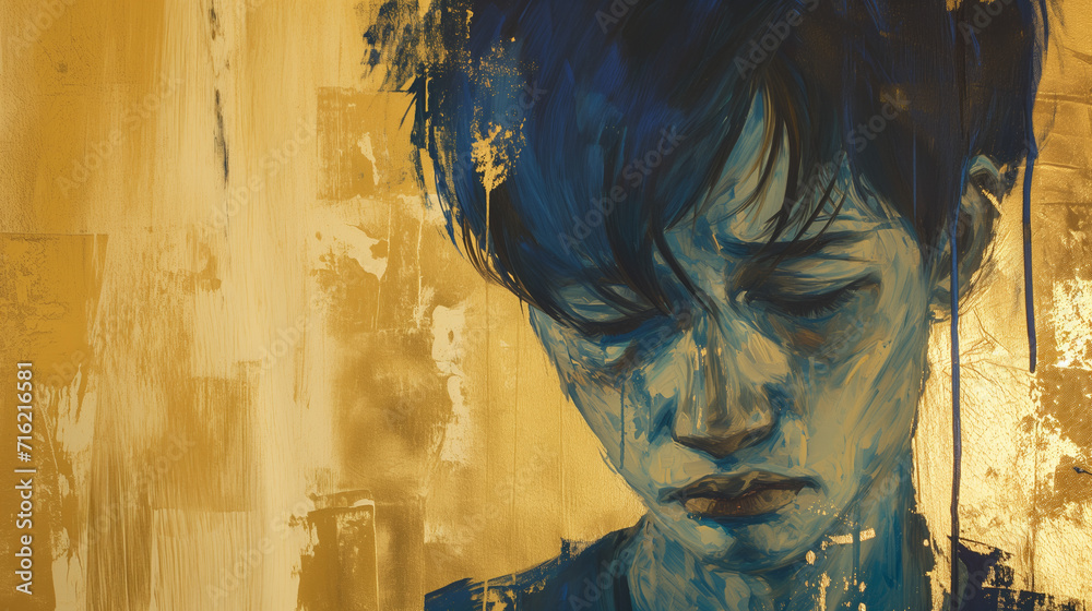 Illustration of a sad person, male, empty space to write messages ...