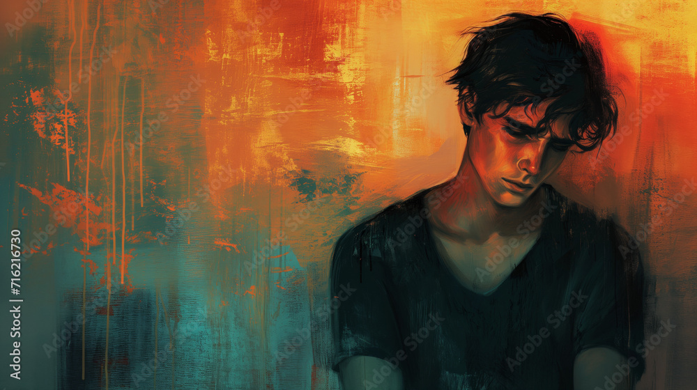 Illustration of a sad person, male, empty space to write messages ...
