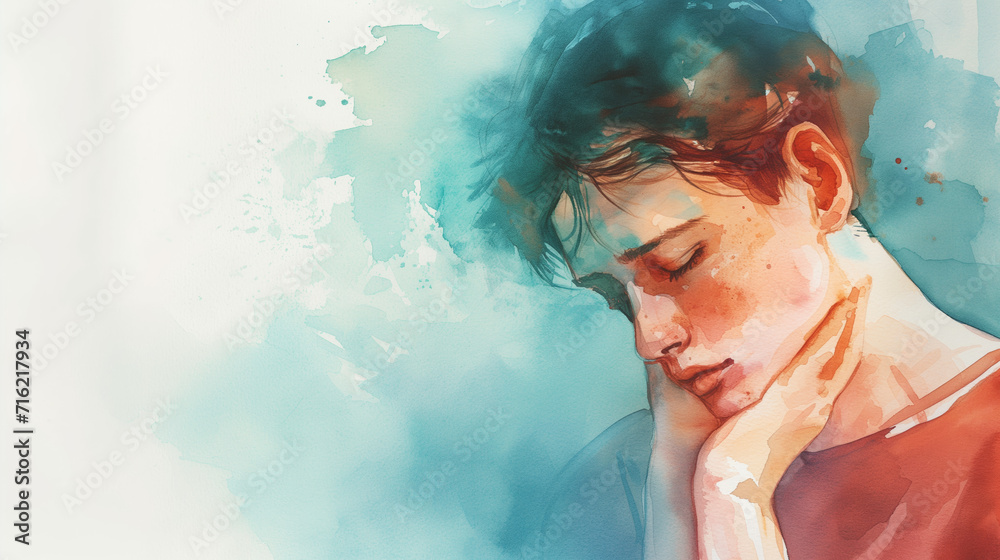 Watercolor illustration of a sad person, male, female, guy, lady ...
