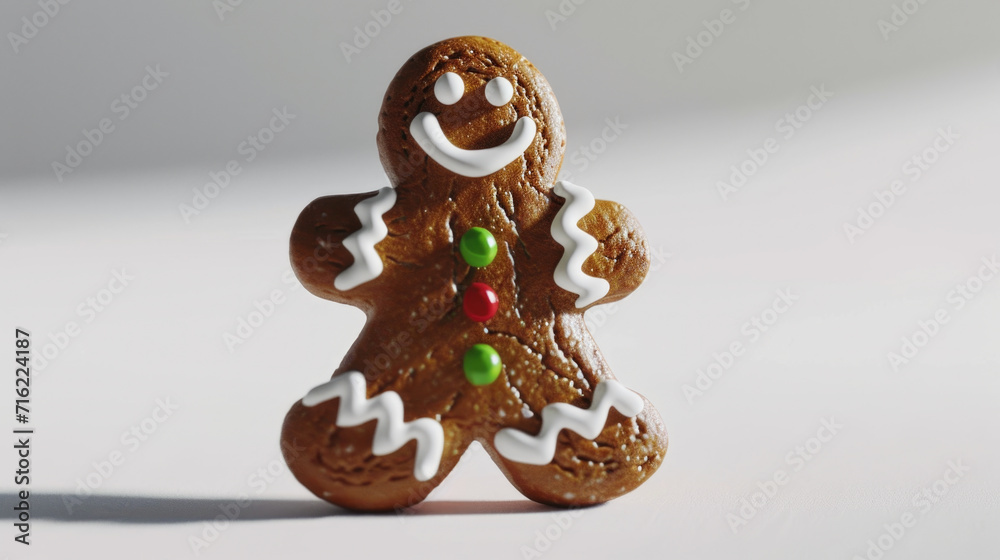 Detailed close-up of gingerbread figure placed on clean white surface ...