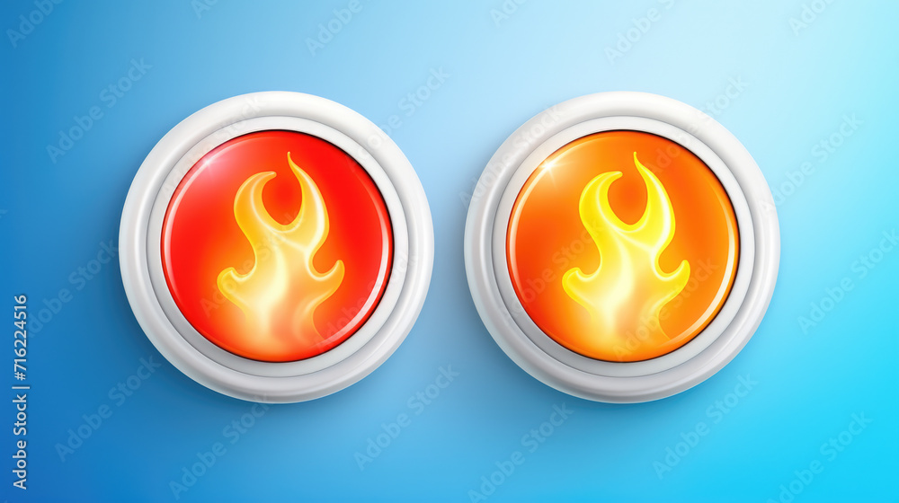Two fire buttons, one red and one yellow, are depicted on blue background. This image can be ...