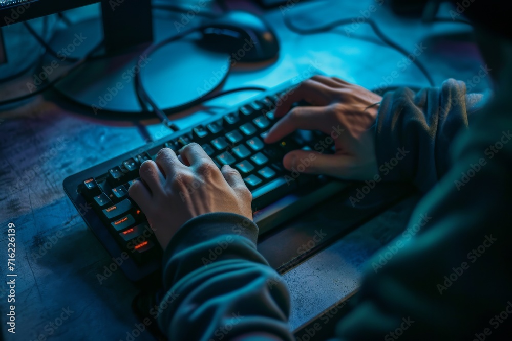 keyboard is lit with a blue light that illuminates the individual keys ...