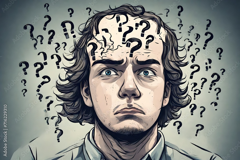 Sad young man with worried stressed face expression and brain melting ...