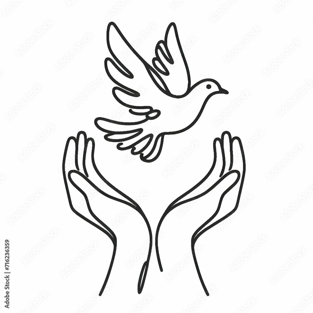One continuous line drawing of flying dove with two hands. Bird symbol ...