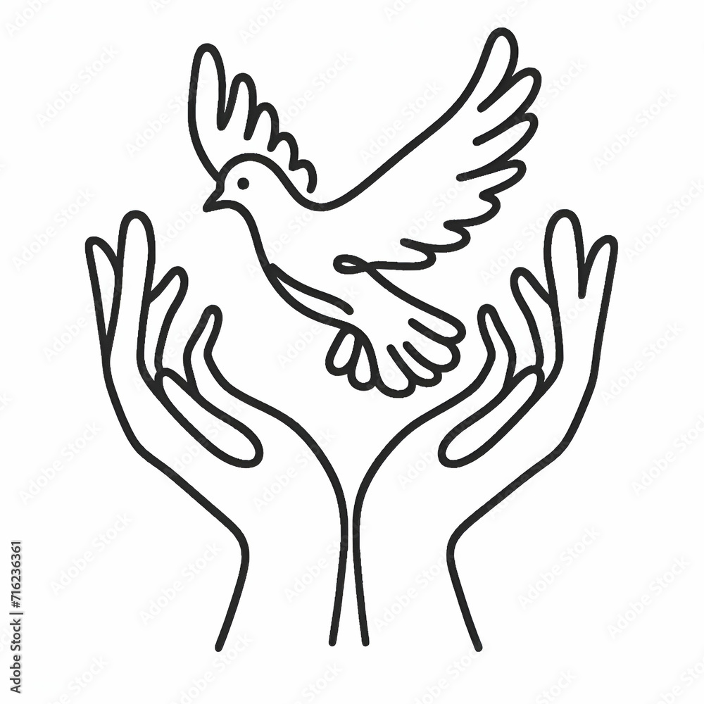 One continuous line drawing of flying dove with two hands. Bird symbol ...