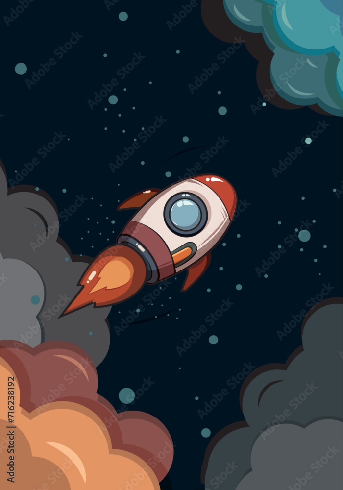 Rocket ship flies up with sky color clouds background. Flat icon ...