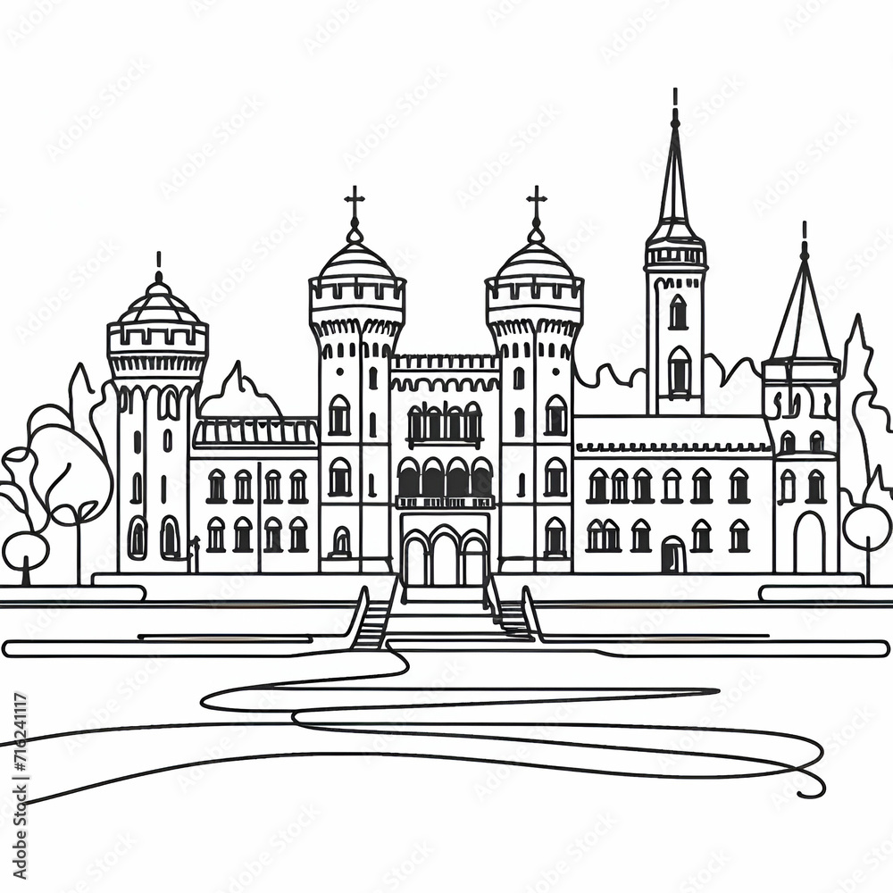 Continuous one line drawing of old residence and castle. Serbian ...