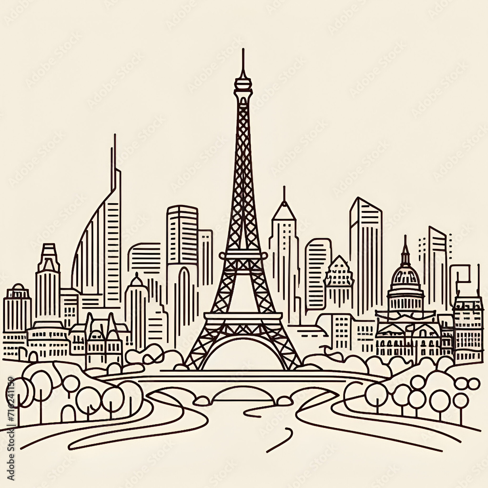 Continuous one line drawing of Paris Eiffel tower. French landmarks and ...