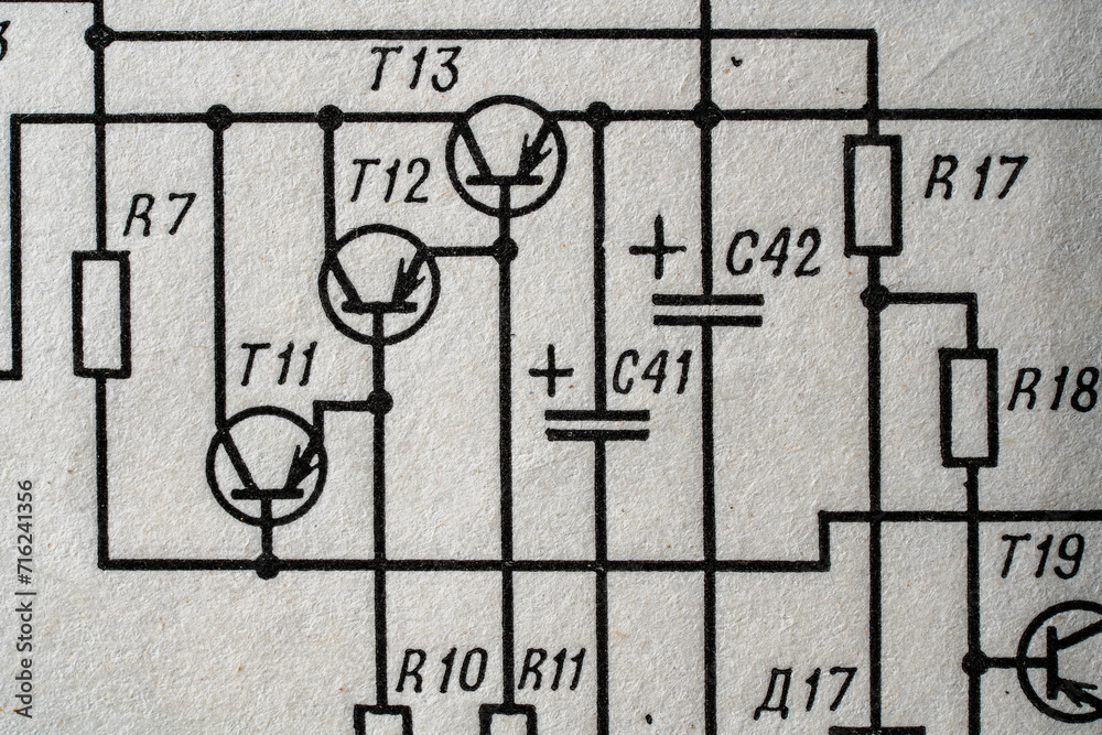 Old radio circuit printed on vintage paper electricity diagram as ...