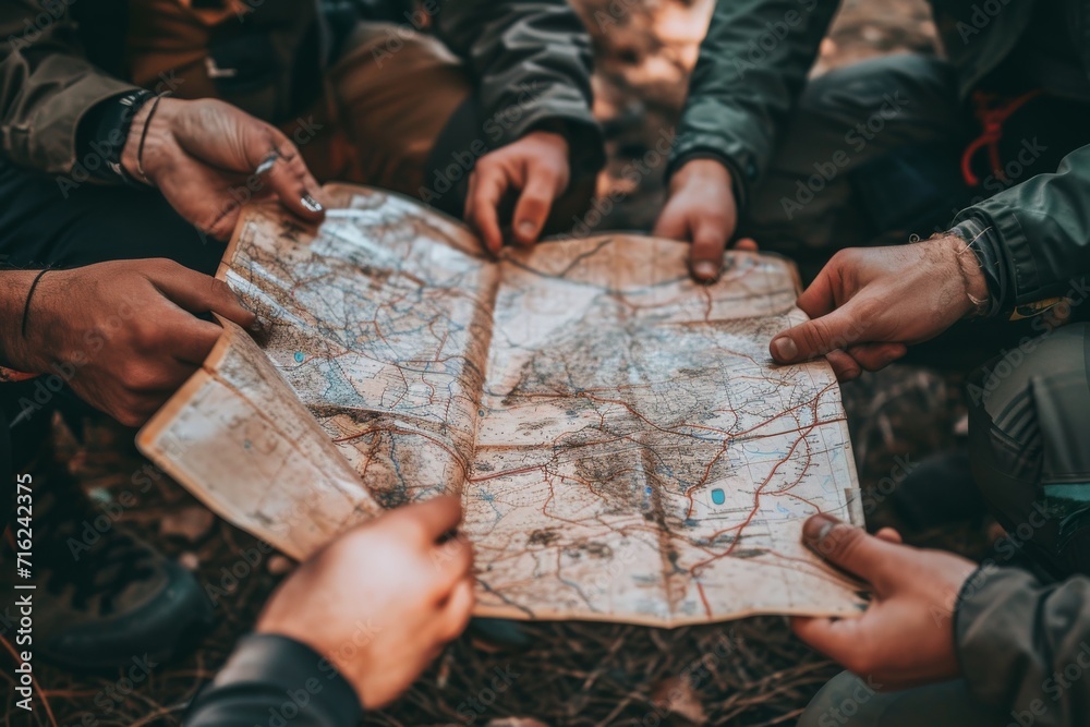 people collaborating and looking at a large paper map held open by ...
