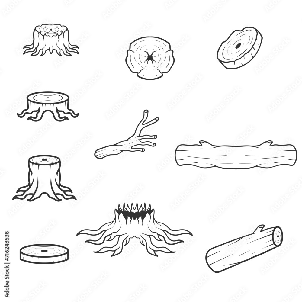 vector icon design set bundle of wooden tree trunks, stumps and trunks, pieces of wood flat ...
