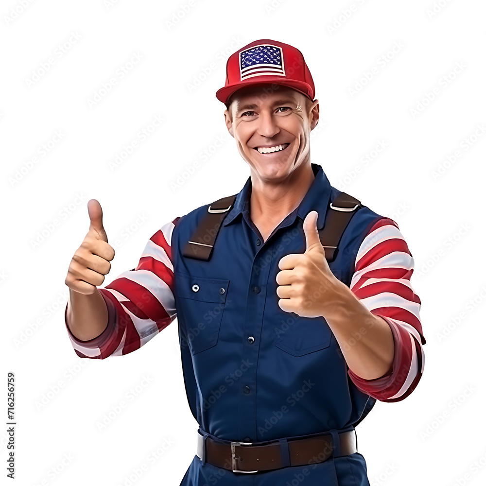 American truck driver smiling happily and giving thumbs up on ...