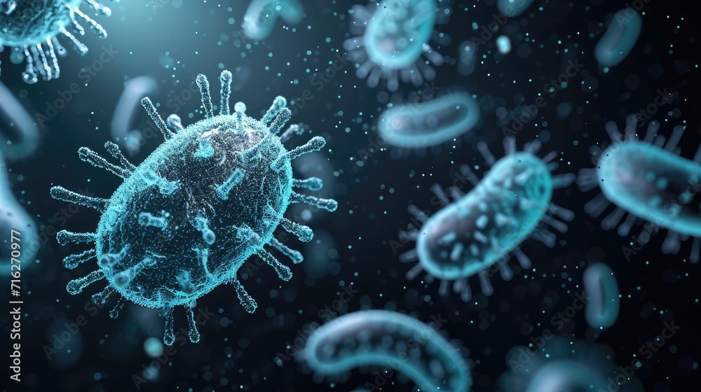 Abstract depiction of bacteria and viruses in various shapes against a ...