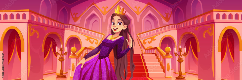 Princess girl with long brown hair and crown in castle hall with stairs ...