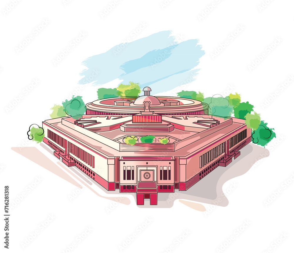 illustration of Indian Parliament and Sansad Bhavan building in Central ...