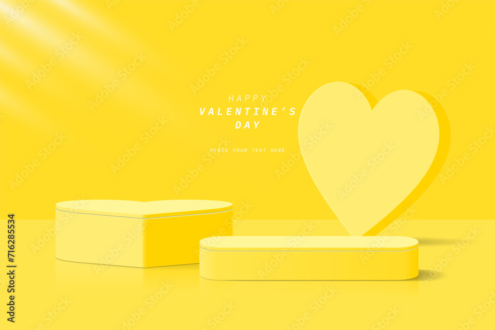 Realistic 3D yellow heart cylinder podium and round pedestal with heart ...