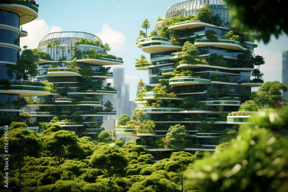 Architecture of the future, a ruined city overgrown with greenery ...
