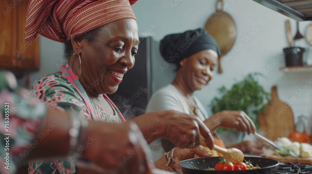 Two women working together in a kitchen to prepare food. Suitable for ...