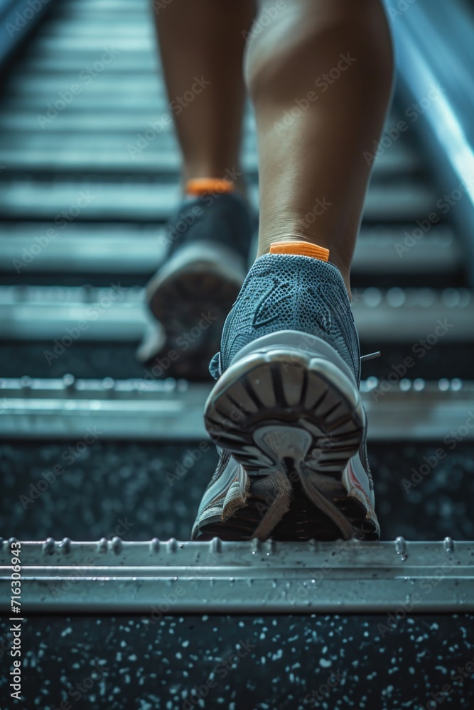 A person is shown walking up a set of stairs. This image can be used to ...