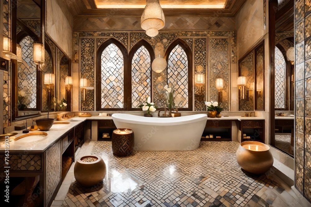 Middle-Eastern bathroom oasis, featuring marble surfaces, mosaic ...