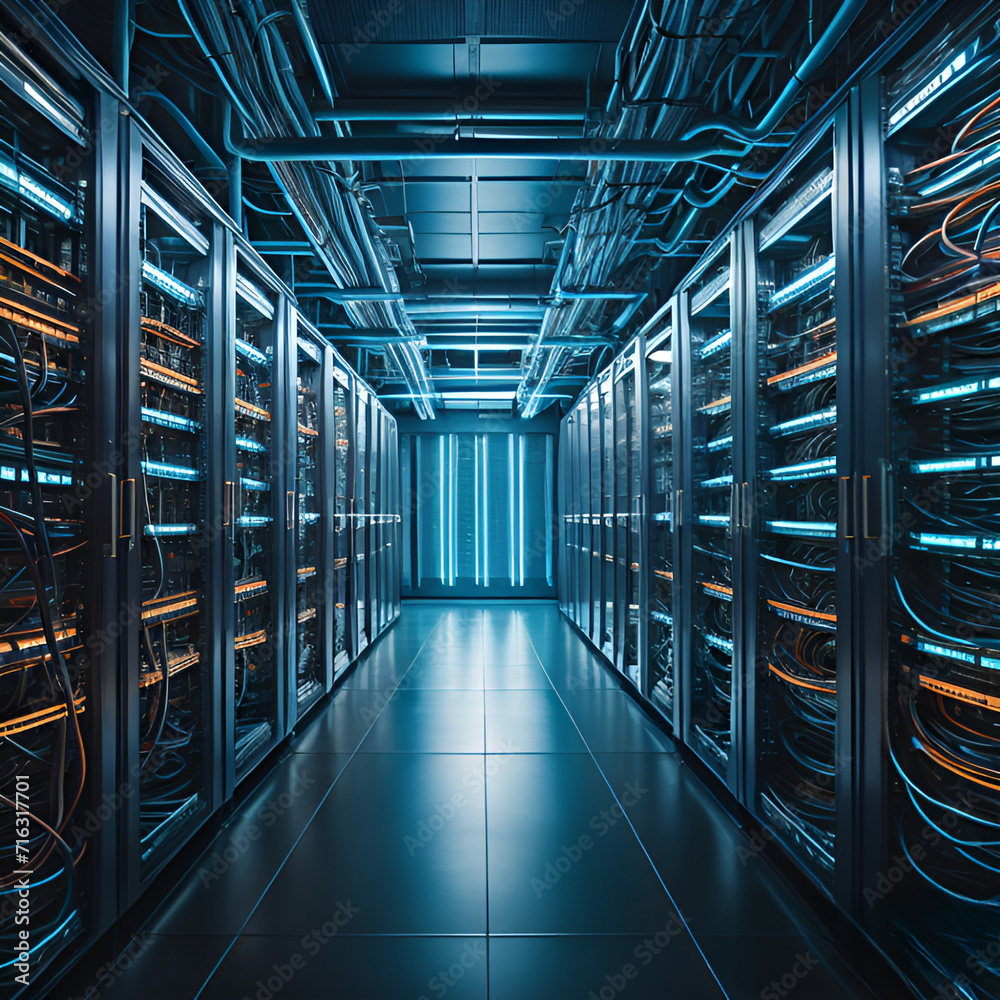 Server Room Modern Data Technology Center Server Racks In Dark Room Visualization Concept Of