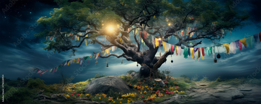 Ancient tree, decorated with colorful prayer flags, rises majestically ...