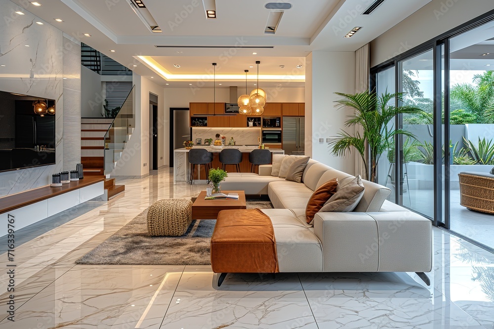 Contemporary modern living room with open concept view through to ...