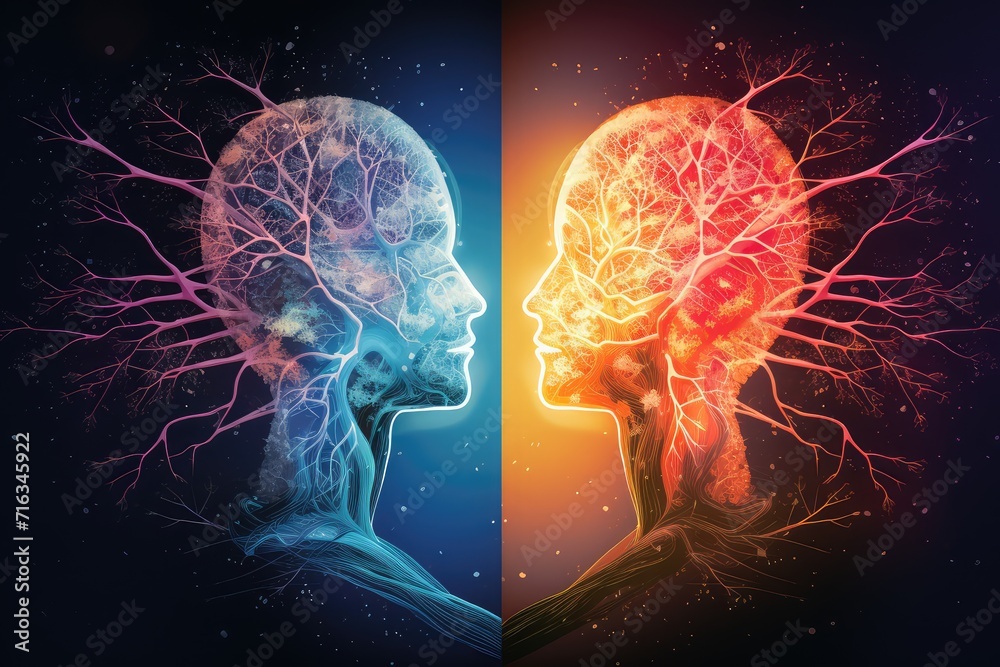 Human skull creative colorful brain sides, left and right brain ...