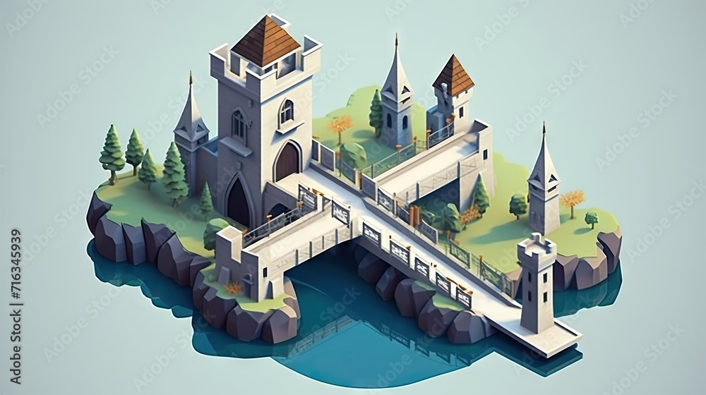 immersive isometric image for a game, featuring a strategic bridge ...