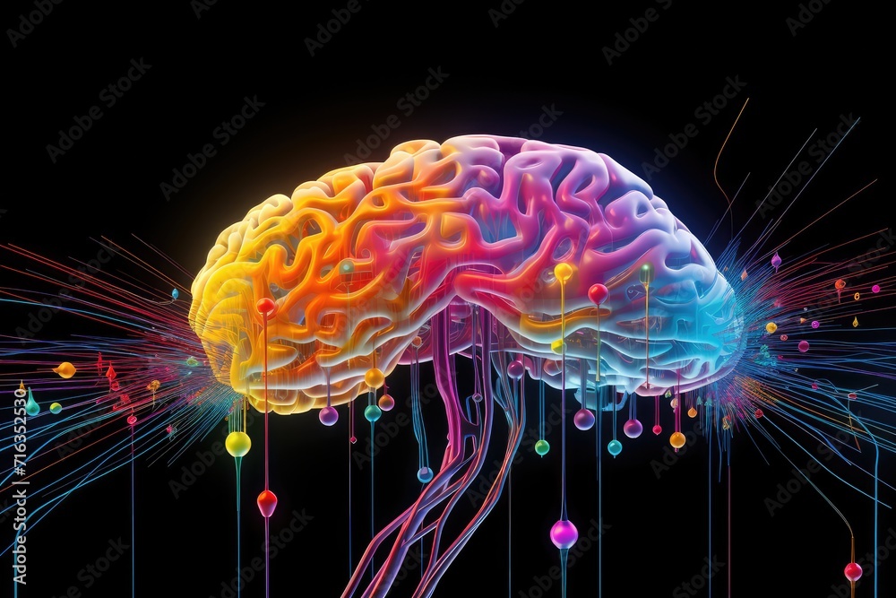 Synergies of human mind, synapses lighting colorful, Brain health ...