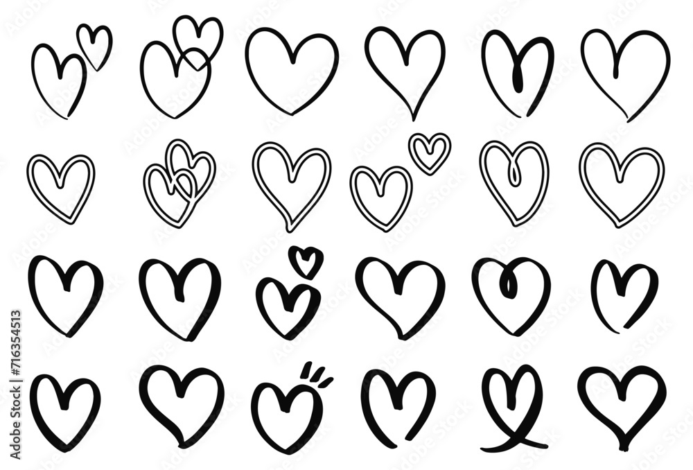 Collection set of hand drawn scribble hearts isolated on white ...