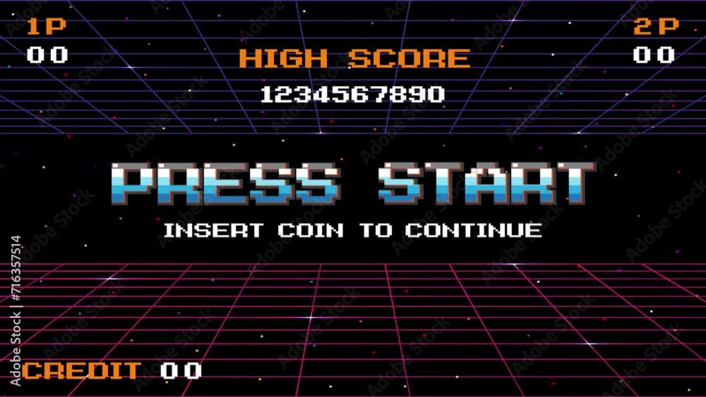 PRESS START INSERT A COIN TO CONTINUE. pixel art .8 bit game. retro ...